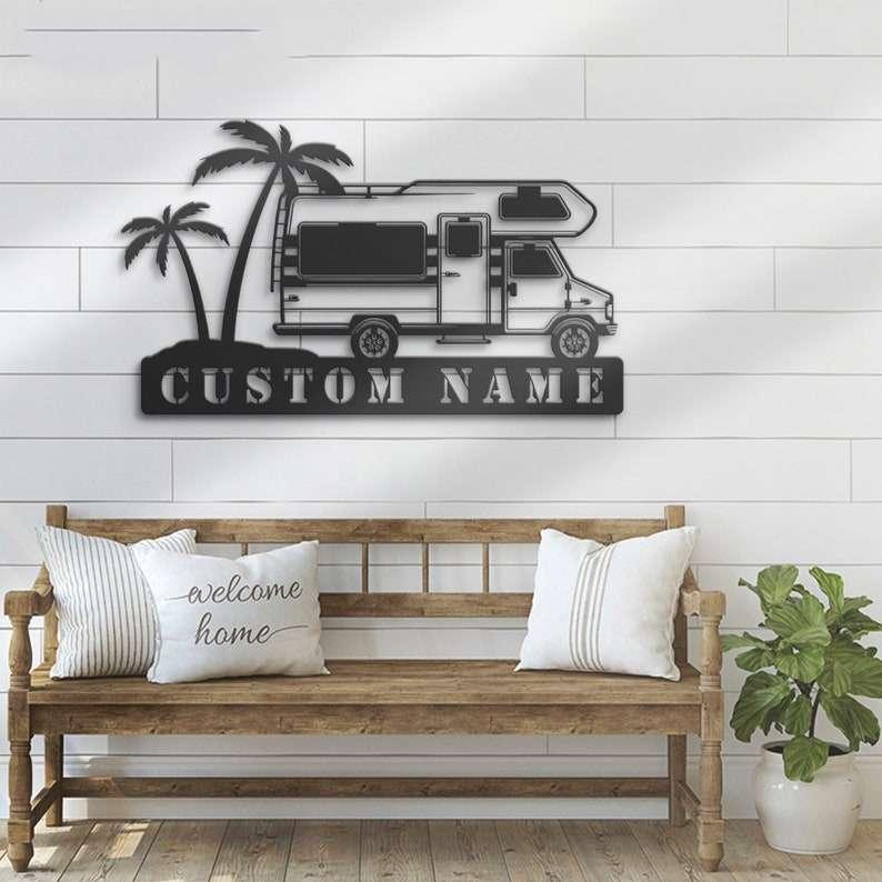 Custom Camping Car Class C Metal Wall Art Hippie Van Name Sign Happy ...